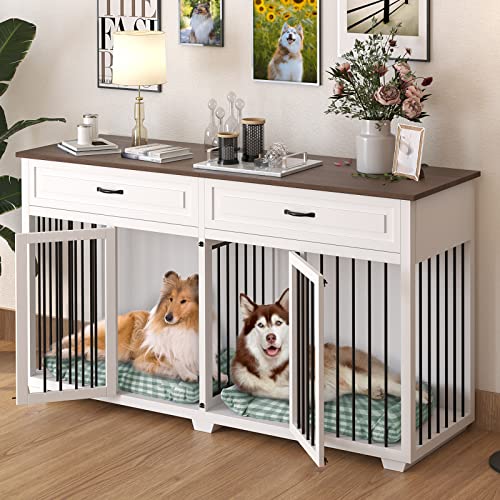 PIAOMTIEE Dog Crate Furniture, 72.4 Inch Wooden Dog Kennel, Modern Decorative Dog Crate End Table, Dog House with Double Doors, Drawers, Divider, Indoor Dog Cage for Large Medium Dogs, White