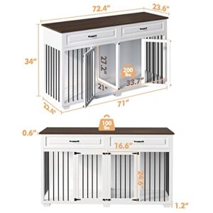 PIAOMTIEE Dog Crate Furniture, 72.4 Inch Wooden Dog Kennel, Modern Decorative Dog Crate End Table, Dog House with Double Doors, Drawers, Divider, Indoor Dog Cage for Large Medium Dogs, White