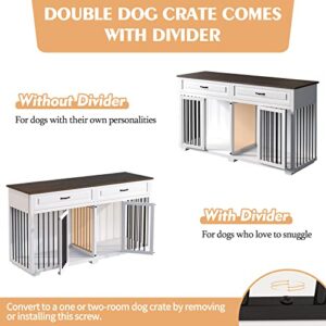 PIAOMTIEE Dog Crate Furniture, 72.4 Inch Wooden Dog Kennel, Modern Decorative Dog Crate End Table, Dog House with Double Doors, Drawers, Divider, Indoor Dog Cage for Large Medium Dogs, White