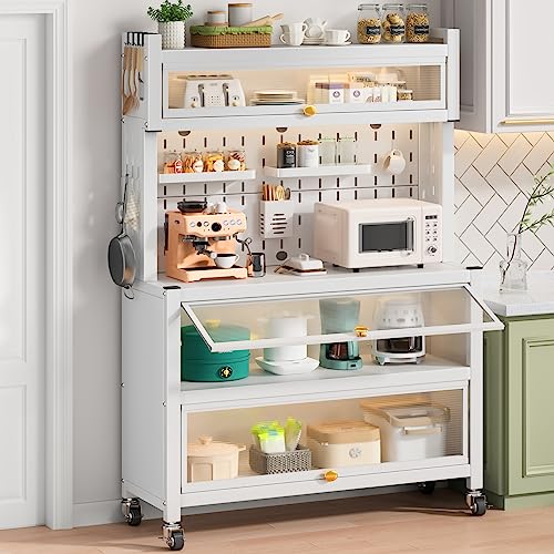 Kitchen Baker's Rack with Flip Door Cabinet, 5-Tier Microwave Stand with Pegboard Accessories, Large Metal Storage Shelves for Garage Pantry Home Kitchen Spices, Pots, and Pans (White)