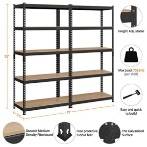 Topeakmart 2PCS 5-Tier Utility Shelves, Metal Storage Shelves Garage Shelving Unit Adjustable Garage Storage Shelves Storage Racks Heavy Duty Shed Shelving- Black, 35.5 x 17.5 x 72 Inch