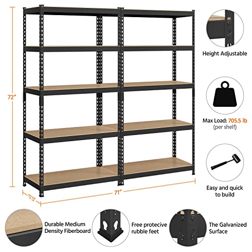 Topeakmart 2PCS 5-Tier Utility Shelves, Metal Storage Shelves Garage Shelving Unit Adjustable Garage Storage Shelves Storage Racks Heavy Duty Shed Shelving- Black, 35.5 x 17.5 x 72 Inch