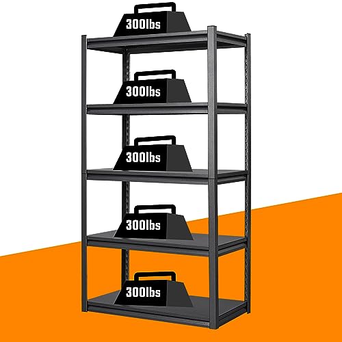 ZAOUS Garage Shelving Heavy Duty Loads 1500LBS, 63" Heavy Duty Garage Storage Shelves, Adjustable 5 Tier Metal Shelves for Garage Basement Kitchen Warehouse, 63" H x 34" W x 18" D (5-Tier)