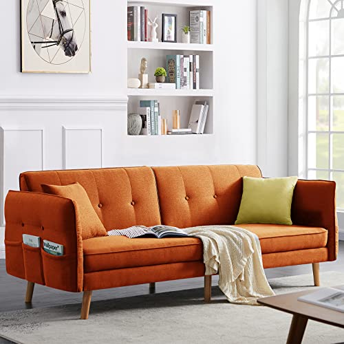 DENOSEN First-Class Cabin Futon Couch Bed with Convertible Back and Armrests, Includes 2 Free Pillows and Supports Up to 600lbs: Modern 3 Seater Sleeper with Wooden Leg Sofabed, 84'', Orange Polyester