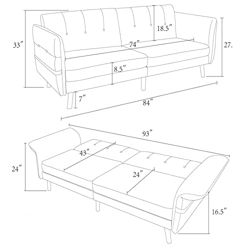 DENOSEN First-Class Cabin Futon Couch Bed with Convertible Back and Armrests, Includes 2 Free Pillows and Supports Up to 600lbs: Modern 3 Seater Sleeper with Wooden Leg Sofabed, 84'', Orange Polyester