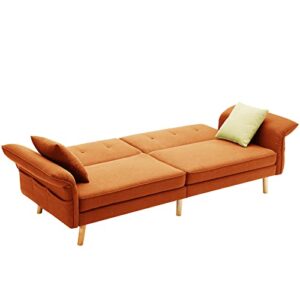 DENOSEN First-Class Cabin Futon Couch Bed with Convertible Back and Armrests, Includes 2 Free Pillows and Supports Up to 600lbs: Modern 3 Seater Sleeper with Wooden Leg Sofabed, 84'', Orange Polyester