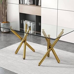 Ebullient Glass Dining Table,63 in 4-6 Person Home Dining Table Large Size Kitchen and Dining Room Table with Tempered Glass top and Gold Metal Legs, Modern Rectangular Dining Table……