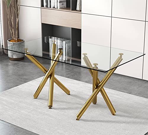 Ebullient Glass Dining Table,63 in 4-6 Person Home Dining Table Large Size Kitchen and Dining Room Table with Tempered Glass top and Gold Metal Legs, Modern Rectangular Dining Table……