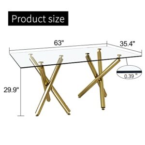 Ebullient Glass Dining Table,63 in 4-6 Person Home Dining Table Large Size Kitchen and Dining Room Table with Tempered Glass top and Gold Metal Legs, Modern Rectangular Dining Table……