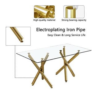 Ebullient Glass Dining Table,63 in 4-6 Person Home Dining Table Large Size Kitchen and Dining Room Table with Tempered Glass top and Gold Metal Legs, Modern Rectangular Dining Table……