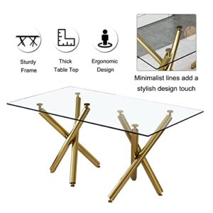 Ebullient Glass Dining Table,63 in 4-6 Person Home Dining Table Large Size Kitchen and Dining Room Table with Tempered Glass top and Gold Metal Legs, Modern Rectangular Dining Table……