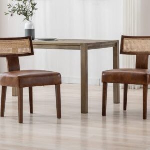 EALSON Mid Century Modern Dining Chairs Set of 2 Leather Upholstered Kitchen Chairs with Wood Legs and Curved Rattan Back Farmhouse Dining Room Chairs Rattan Accent Side Chairs, Brown