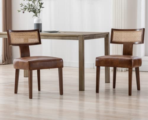 EALSON Mid Century Modern Dining Chairs Set of 2 Leather Upholstered Kitchen Chairs with Wood Legs and Curved Rattan Back Farmhouse Dining Room Chairs Rattan Accent Side Chairs, Brown