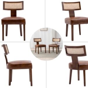 EALSON Mid Century Modern Dining Chairs Set of 2 Leather Upholstered Kitchen Chairs with Wood Legs and Curved Rattan Back Farmhouse Dining Room Chairs Rattan Accent Side Chairs, Brown