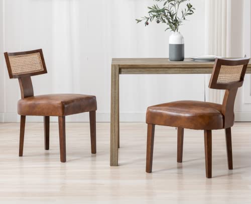 EALSON Mid Century Modern Dining Chairs Set of 2 Leather Upholstered Kitchen Chairs with Wood Legs and Curved Rattan Back Farmhouse Dining Room Chairs Rattan Accent Side Chairs, Brown