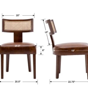 EALSON Mid Century Modern Dining Chairs Set of 2 Leather Upholstered Kitchen Chairs with Wood Legs and Curved Rattan Back Farmhouse Dining Room Chairs Rattan Accent Side Chairs, Brown