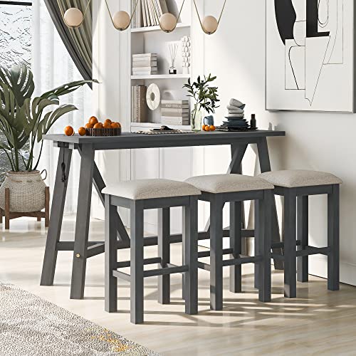 P PURLOVE 4 Piece Dining Table Set with 3 Upholstered Stools, Multipurpose Home Kitchen Dining Bar Table with USB Port and Power Strip for Living Room, Restaurant, Bar, Gray