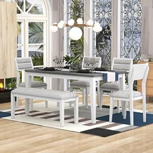 woanke 6 piece dining set, including wood dinette table and 4 upholstered chairs and a bench with cushion, classic traditional style, white+gray