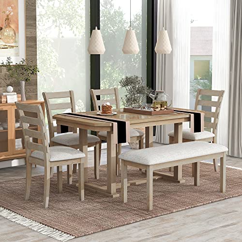 P PURLOVE 6 Piece Rubber Wood Dining Table Set with 4 Dining Chairs and 1 Bench, Dining Table Set with Beautiful Wood Grain Pattern Tabletop Solid Wood Veneer and Soft Cushion (Natural Wood Wash)