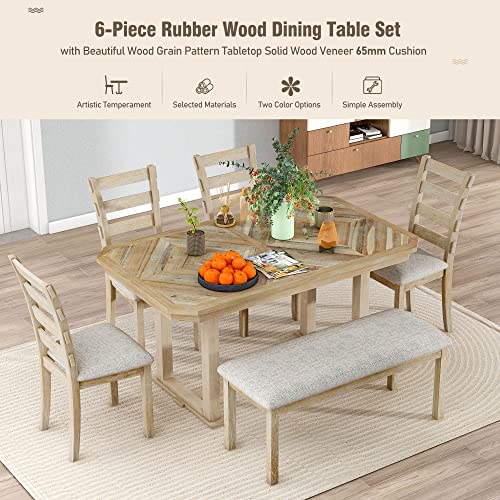 P PURLOVE 6 Piece Rubber Wood Dining Table Set with 4 Dining Chairs and 1 Bench, Dining Table Set with Beautiful Wood Grain Pattern Tabletop Solid Wood Veneer and Soft Cushion (Natural Wood Wash)