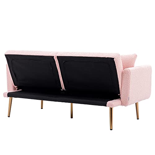 yunqishi JIANJIE 65.35" Modern Teddy Fabric Futon Sofa Bed, Small Sleeper Sofa Loveseat with 2 Pillows for Small Spaces, Upholstered Convertible Couch for Living Room Bedroom Office (Pink)