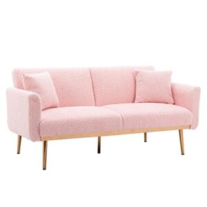 yunqishi JIANJIE 65.35" Modern Teddy Fabric Futon Sofa Bed, Small Sleeper Sofa Loveseat with 2 Pillows for Small Spaces, Upholstered Convertible Couch for Living Room Bedroom Office (Pink)