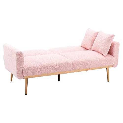 yunqishi JIANJIE 65.35" Modern Teddy Fabric Futon Sofa Bed, Small Sleeper Sofa Loveseat with 2 Pillows for Small Spaces, Upholstered Convertible Couch for Living Room Bedroom Office (Pink)