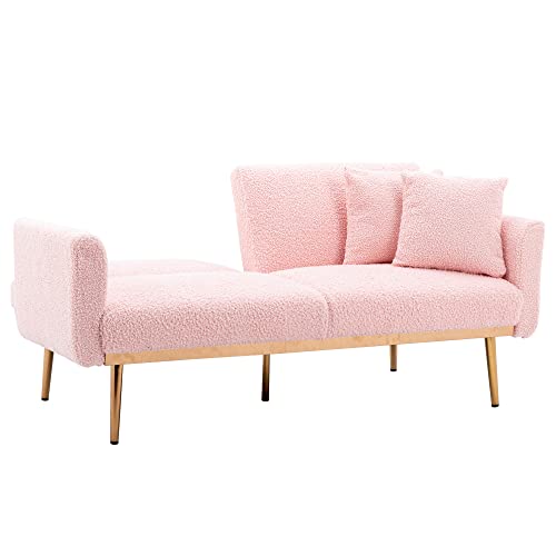 yunqishi JIANJIE 65.35" Modern Teddy Fabric Futon Sofa Bed, Small Sleeper Sofa Loveseat with 2 Pillows for Small Spaces, Upholstered Convertible Couch for Living Room Bedroom Office (Pink)