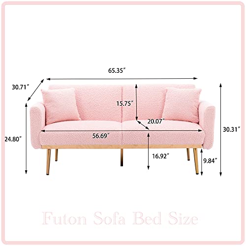 yunqishi JIANJIE 65.35" Modern Teddy Fabric Futon Sofa Bed, Small Sleeper Sofa Loveseat with 2 Pillows for Small Spaces, Upholstered Convertible Couch for Living Room Bedroom Office (Pink)