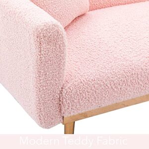 yunqishi JIANJIE 65.35" Modern Teddy Fabric Futon Sofa Bed, Small Sleeper Sofa Loveseat with 2 Pillows for Small Spaces, Upholstered Convertible Couch for Living Room Bedroom Office (Pink)