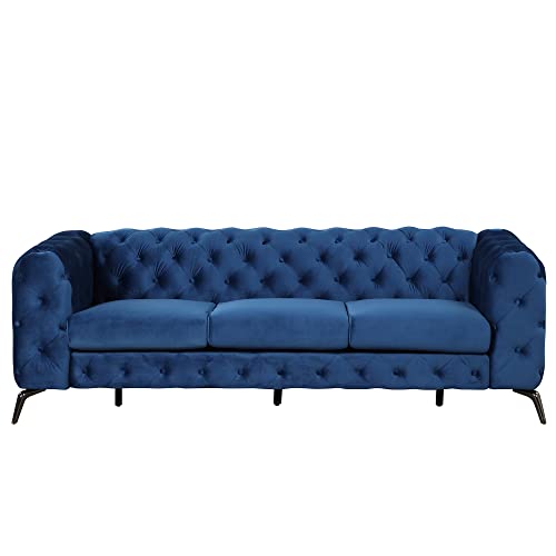 Harper & Bright Designs Three-Seater Sofa, 85.5'' W Blue Velvet Upholstered Sofa Couch with Button Tufted Back and Metal Legs, Modern 3 Seater Sofa Couch for Living Room, Office