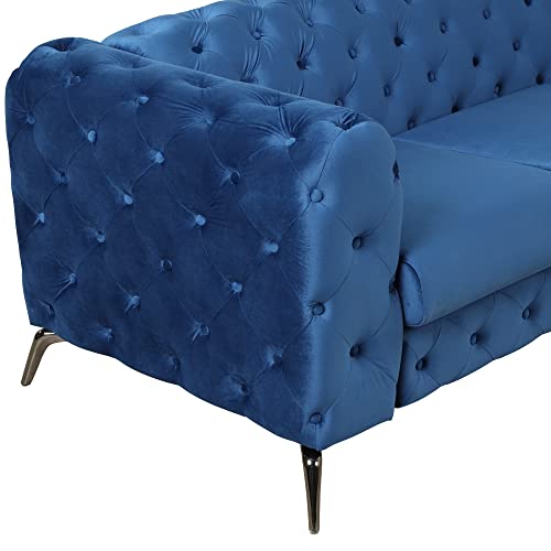 Harper & Bright Designs Three-Seater Sofa, 85.5'' W Blue Velvet Upholstered Sofa Couch with Button Tufted Back and Metal Legs, Modern 3 Seater Sofa Couch for Living Room, Office