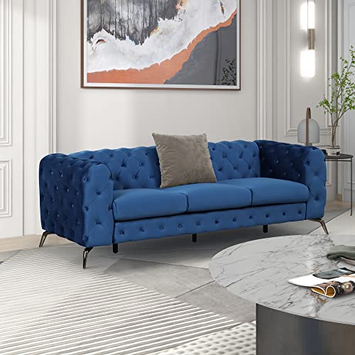 Harper & Bright Designs Three-Seater Sofa, 85.5'' W Blue Velvet Upholstered Sofa Couch with Button Tufted Back and Metal Legs, Modern 3 Seater Sofa Couch for Living Room, Office