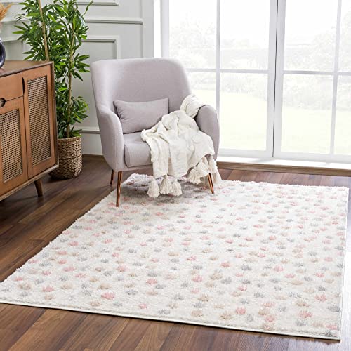 Hauteloom Tilos Dalmatian Living Room Bedroom Nursery Shag Area Rug - Shaggy Carpet - Dot Pattern - High Plush Pile - Pink, Cream, Grey, Beige - 5'3" x 7'