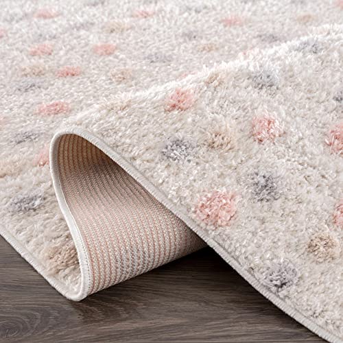 Hauteloom Tilos Dalmatian Living Room Bedroom Nursery Shag Area Rug - Shaggy Carpet - Dot Pattern - High Plush Pile - Pink, Cream, Grey, Beige - 5'3" x 7'