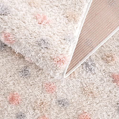 Hauteloom Tilos Dalmatian Living Room Bedroom Nursery Shag Area Rug - Shaggy Carpet - Dot Pattern - High Plush Pile - Pink, Cream, Grey, Beige - 5'3" x 7'