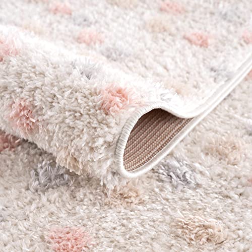 Hauteloom Tilos Dalmatian Living Room Bedroom Nursery Shag Area Rug - Shaggy Carpet - Dot Pattern - High Plush Pile - Pink, Cream, Grey, Beige - 5'3" x 7'