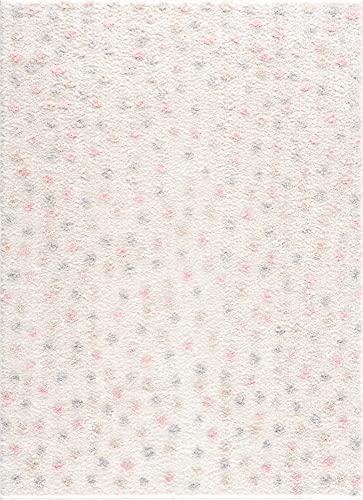 Hauteloom Tilos Dalmatian Living Room Bedroom Nursery Shag Area Rug - Shaggy Carpet - Dot Pattern - High Plush Pile - Pink, Cream, Grey, Beige - 5'3" x 7'