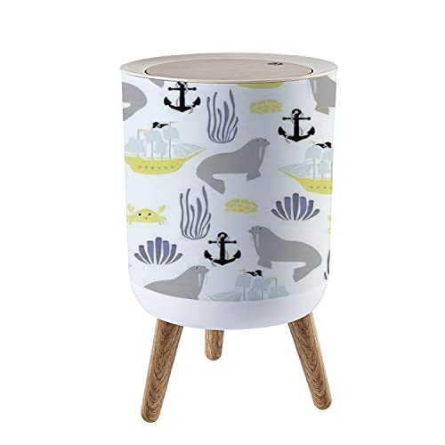 LGCZNWDFHTZ Small Trash Can with Lid for Bathroom Kitchen Office Diaper Seamless Walrus Crab Anchor Underwater Cartoon Creatures Bedroom Garbage Trash Bin Dog Proof Waste Basket Cute Decorative