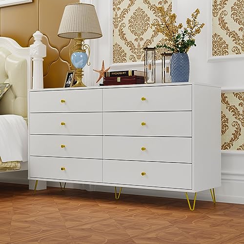 FAMAPY Chest of Drawers 8-Drawer Dresser, Wide Storage, Metal Handles and Legs, Wood Dresser for Bedroom White (55.1”W x 15.7”D x 31.5”H)