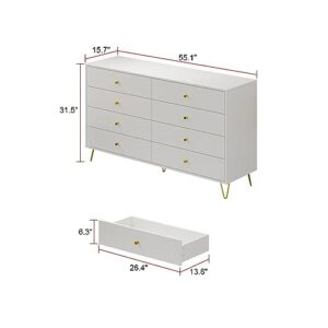 FAMAPY Chest of Drawers 8-Drawer Dresser, Wide Storage, Metal Handles and Legs, Wood Dresser for Bedroom White (55.1”W x 15.7”D x 31.5”H)