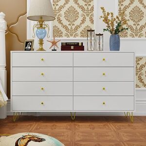 FAMAPY Chest of Drawers 8-Drawer Dresser, Wide Storage, Metal Handles and Legs, Wood Dresser for Bedroom White (55.1”W x 15.7”D x 31.5”H)