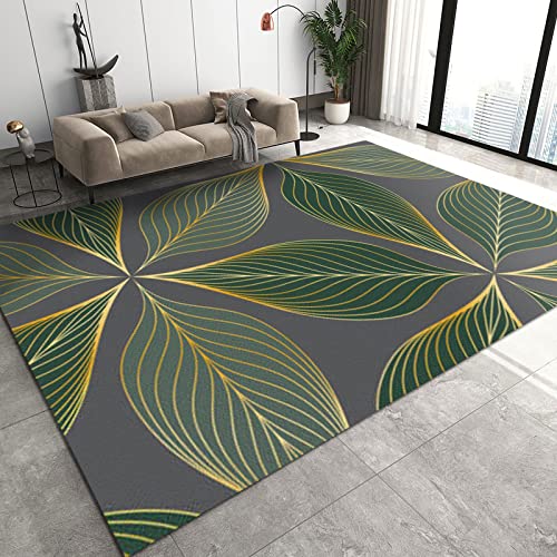 QINYUN Modern Abstract Style Area Rug, Green Gold Patterned Leaf Indoor Rug, Bedroom Rug Non Slip Easy to Clean Durable, Suitable for Farm Apartment Living Room Office-3ft×5ft