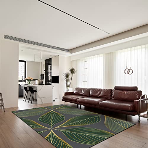 QINYUN Modern Abstract Style Area Rug, Green Gold Patterned Leaf Indoor Rug, Bedroom Rug Non Slip Easy to Clean Durable, Suitable for Farm Apartment Living Room Office-3ft×5ft