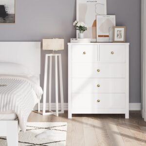 Senfot Drawer Chest Dresser Organizers Storage Wood Nightstand with 5 Drawers Furniture for Kids, Entryway and Living Room in White