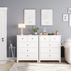 Senfot Drawer Chest Dresser Organizers Storage Wood Nightstand with 5 Drawers Furniture for Kids, Entryway and Living Room in White