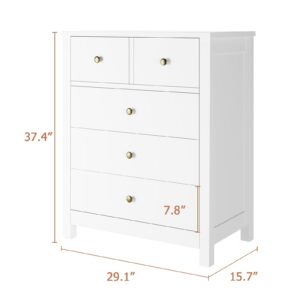 Senfot Drawer Chest Dresser Organizers Storage Wood Nightstand with 5 Drawers Furniture for Kids, Entryway and Living Room in White