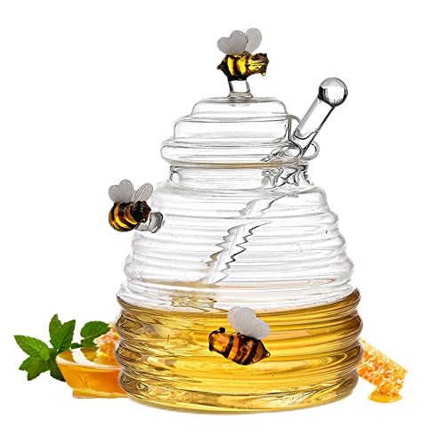 MuginoHo Honey Jar with Dipper and Lid Glass Honey Pot Container Dispenser for Home Kitchen Store Honey and Syrup, Unique Beehive Shape Honeypot