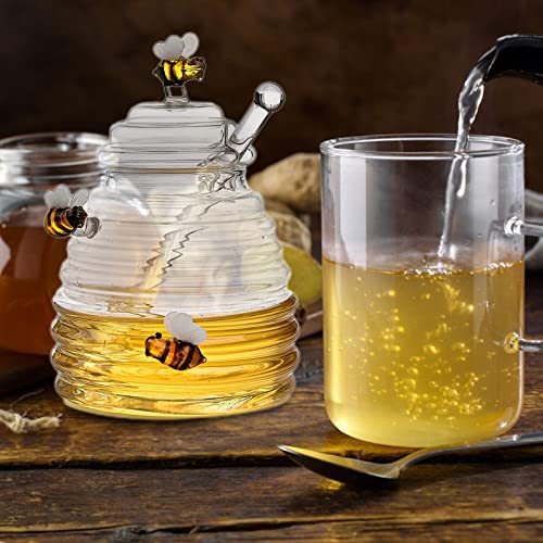 MuginoHo Honey Jar with Dipper and Lid Glass Honey Pot Container Dispenser for Home Kitchen Store Honey and Syrup, Unique Beehive Shape Honeypot