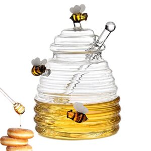 MuginoHo Honey Jar with Dipper and Lid Glass Honey Pot Container Dispenser for Home Kitchen Store Honey and Syrup, Unique Beehive Shape Honeypot